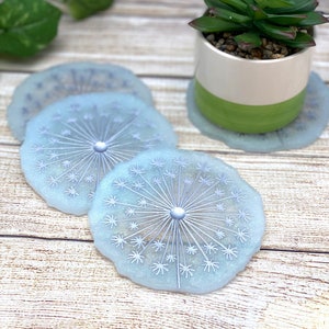 Dandelion Flower Resin Drink Coasters Gold Pearl and White Glitter ...