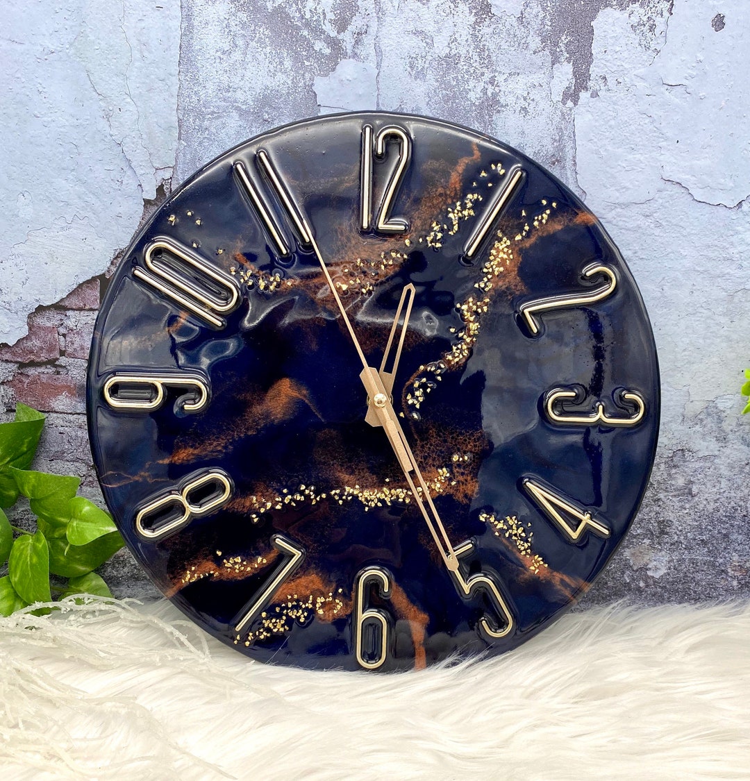 Large Dark Blue Resin Wall Clock: Abstract Gold Decor, 12 Inch - Etsy