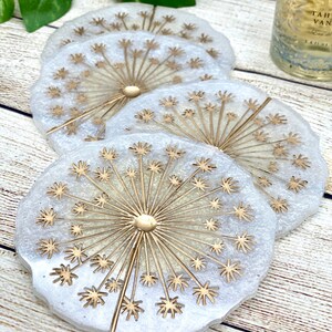 Dandelion Flower Resin Drink Coasters Gold Pearl and White Glitter ...