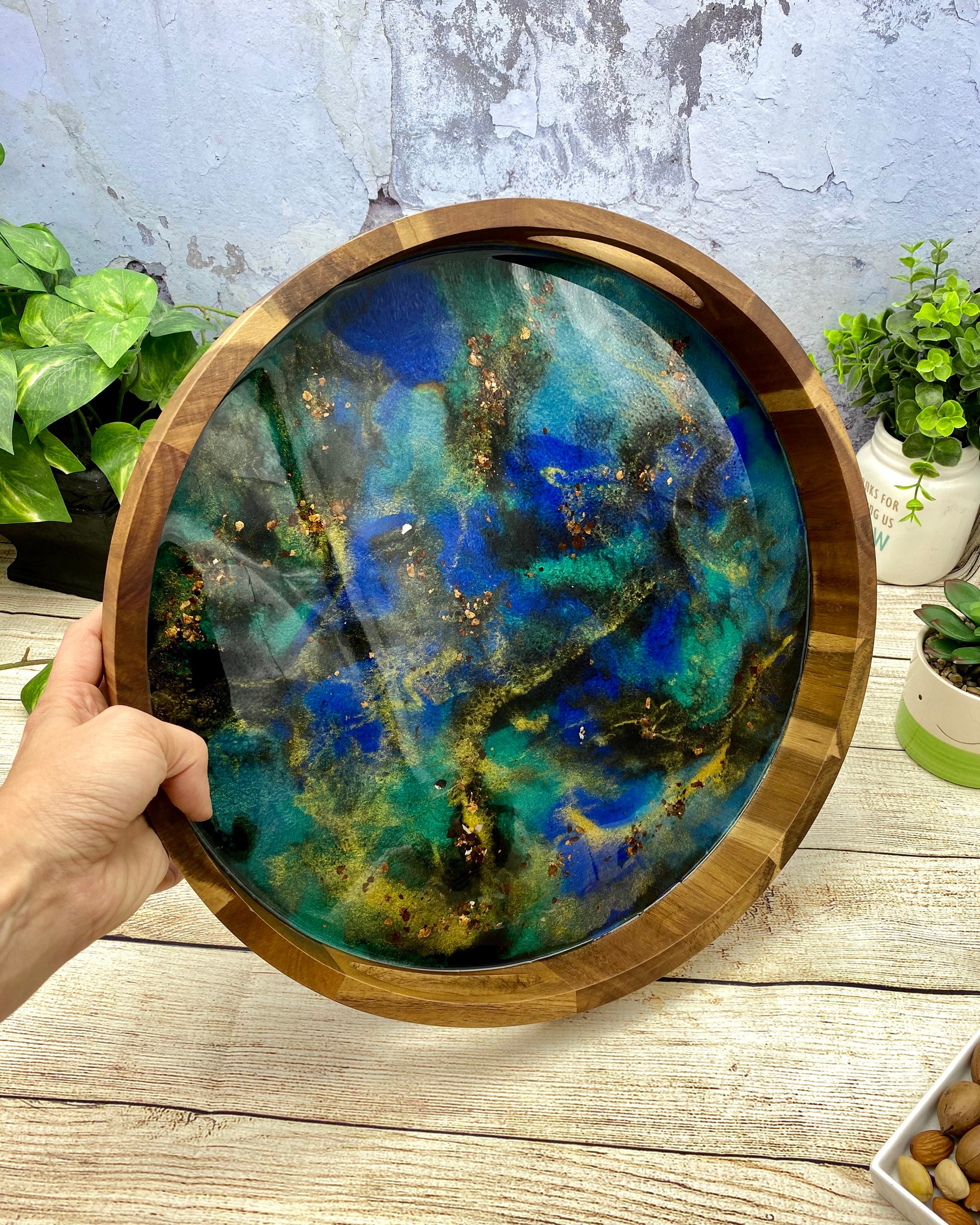 Blue Green Black Gold Resin Round Serving Tray With Handles | Etsy
