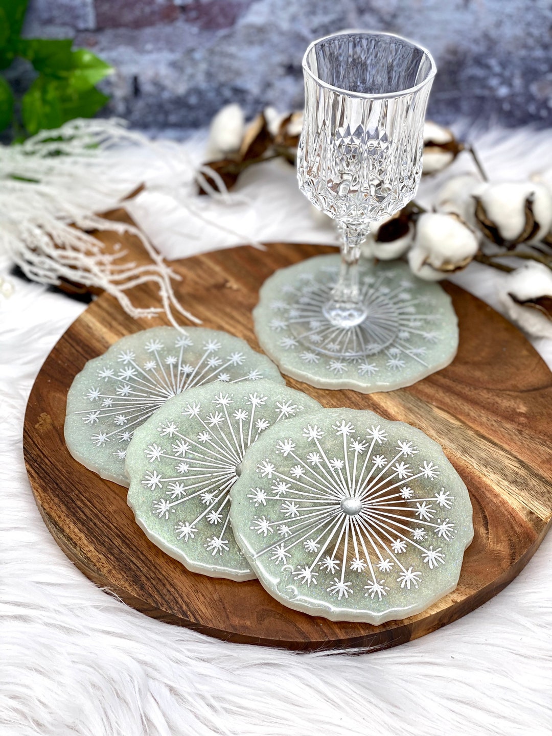 Dandelion Flower Resin Drink Coasters Gold Pearl and White Glitter ...