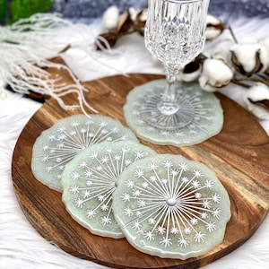 Dandelion Flower Resin Drink Coasters Gold Pearl and White Glitter ...