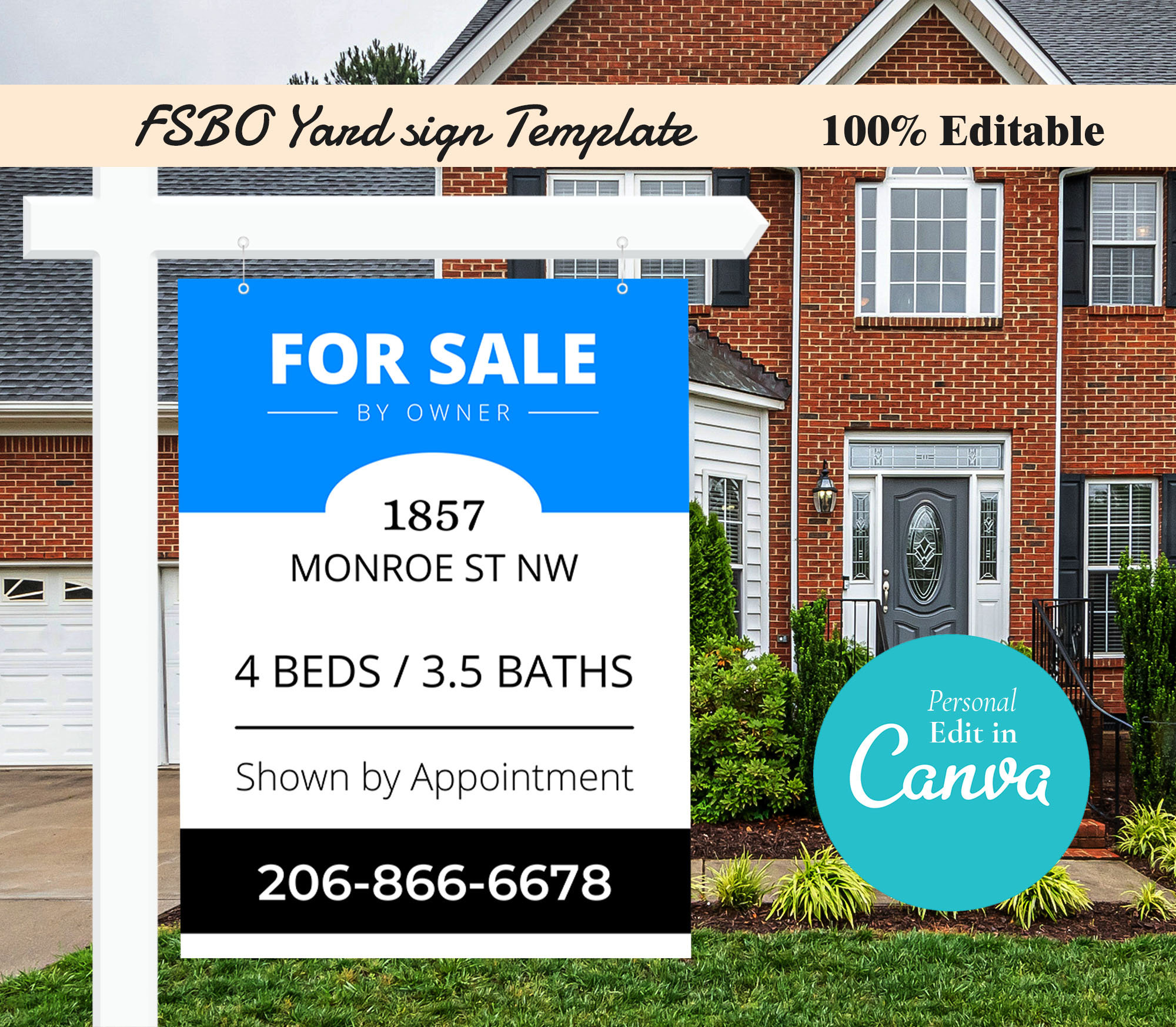 For Sale by Owner Template 18x24, Canva for Sale Sign Template, FSBO ...