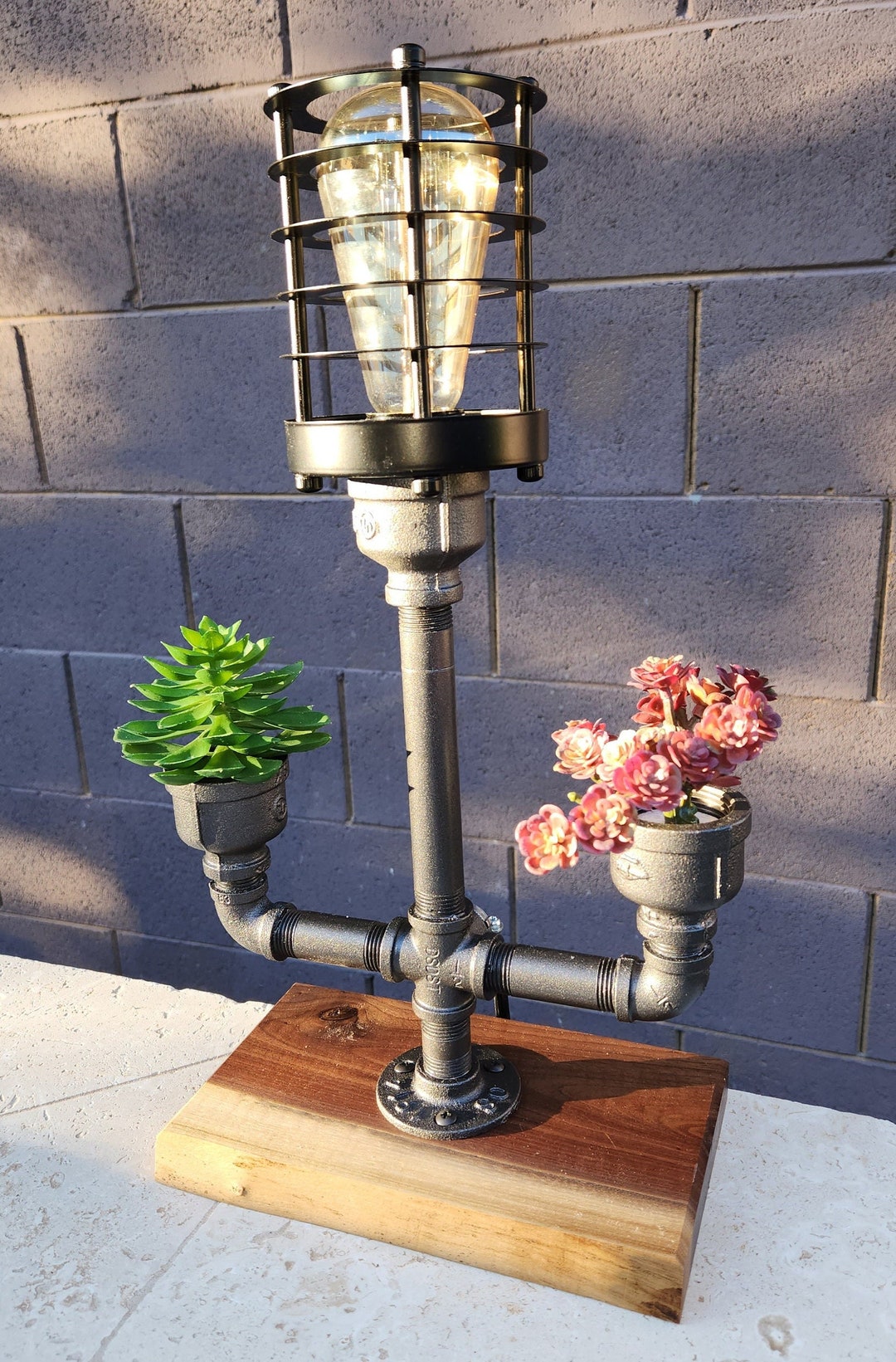 Industrial Pipe Lamp With Live Edge Base and Candle/plant Holders - Etsy