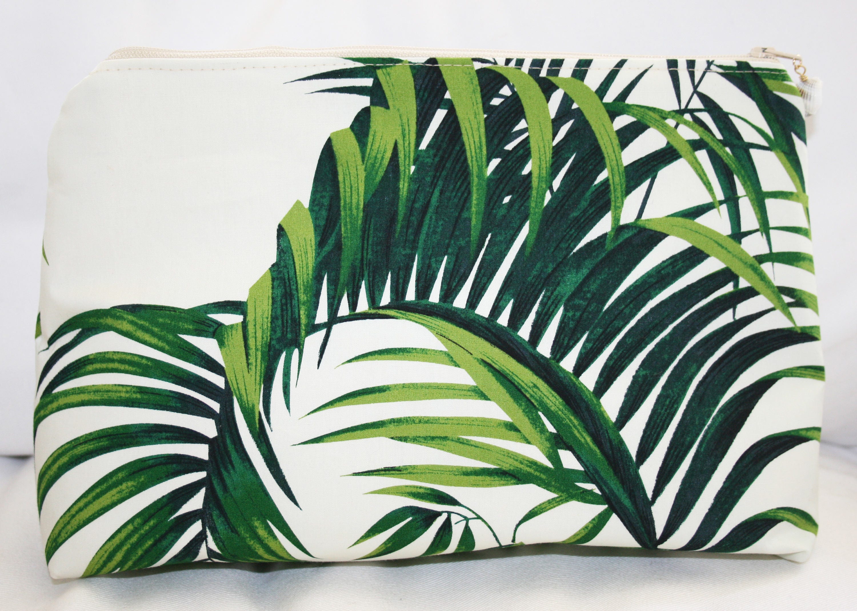 Clutch / Zipper Pouch in Palm Tree Fabric With Jute and Mint Green Pom ...