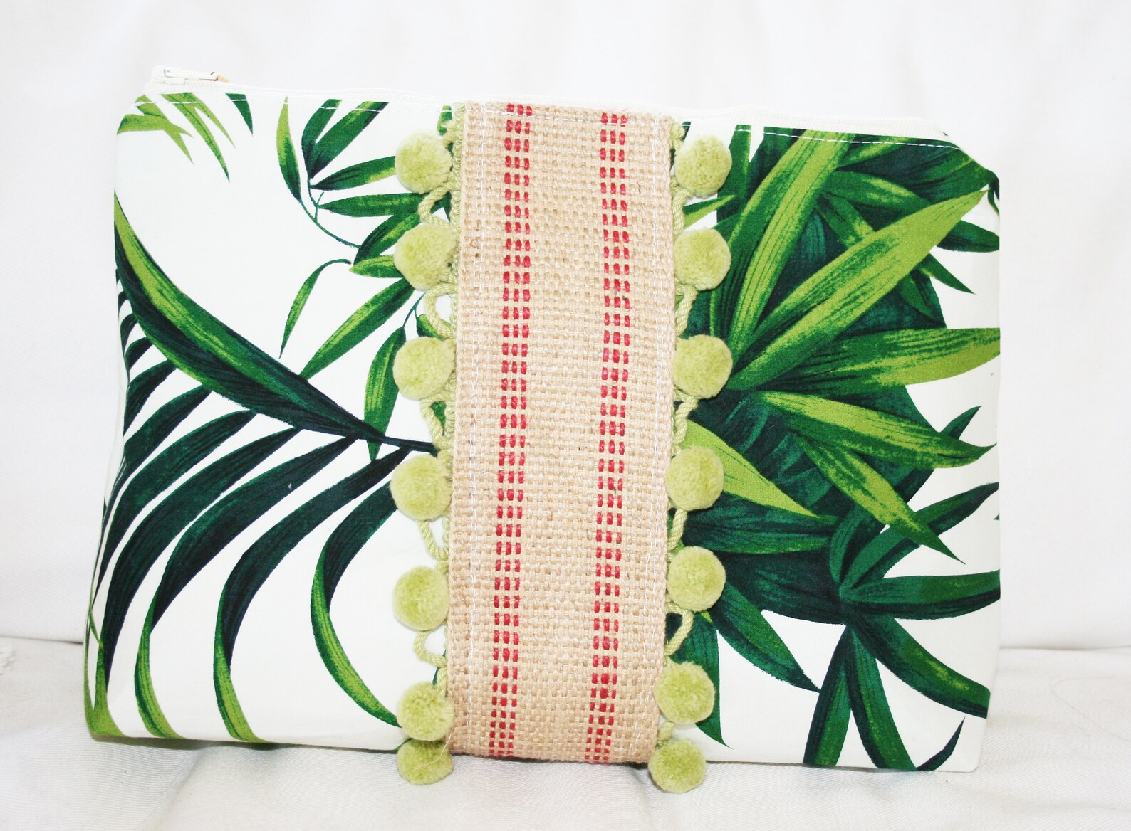 Clutch / Zipper Pouch in Palm Tree Fabric With Jute and Mint Green Pom ...