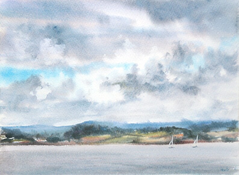 Devon Clouded Sky Watercolor Landscape Original Seascape - Etsy