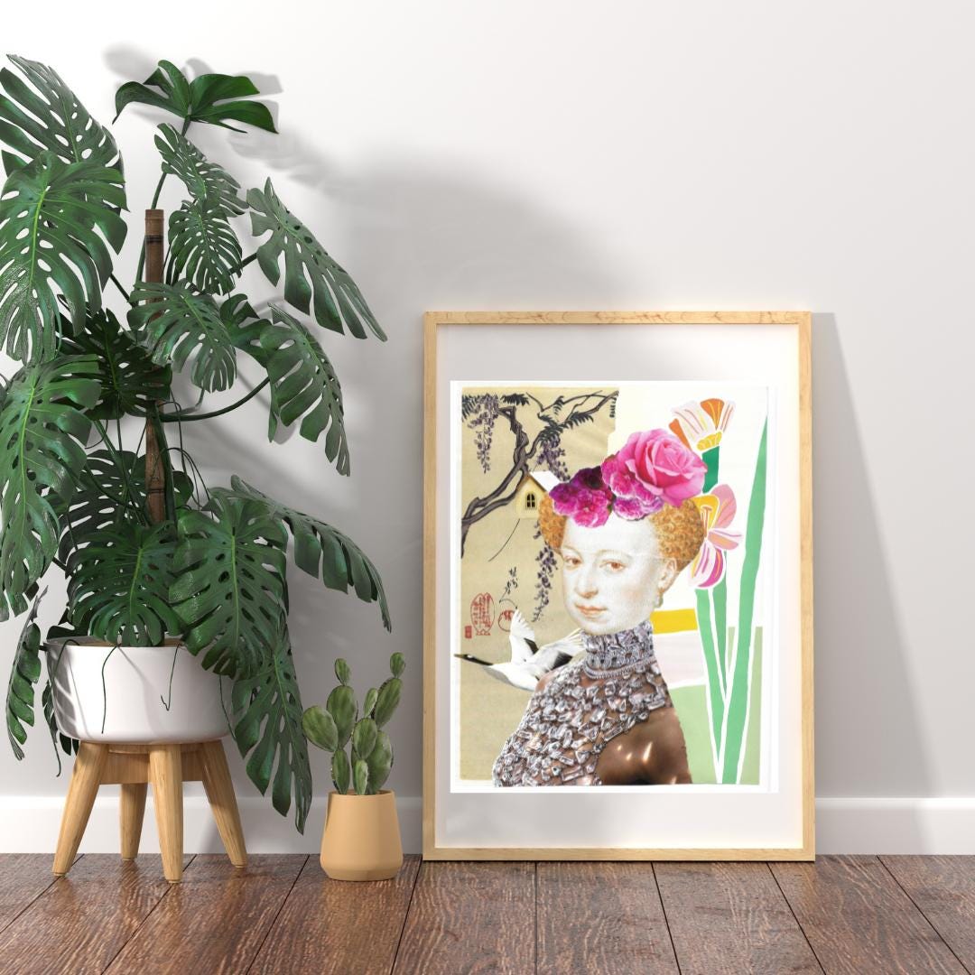 Lady With a Pink Rose Collage Print - Etsy