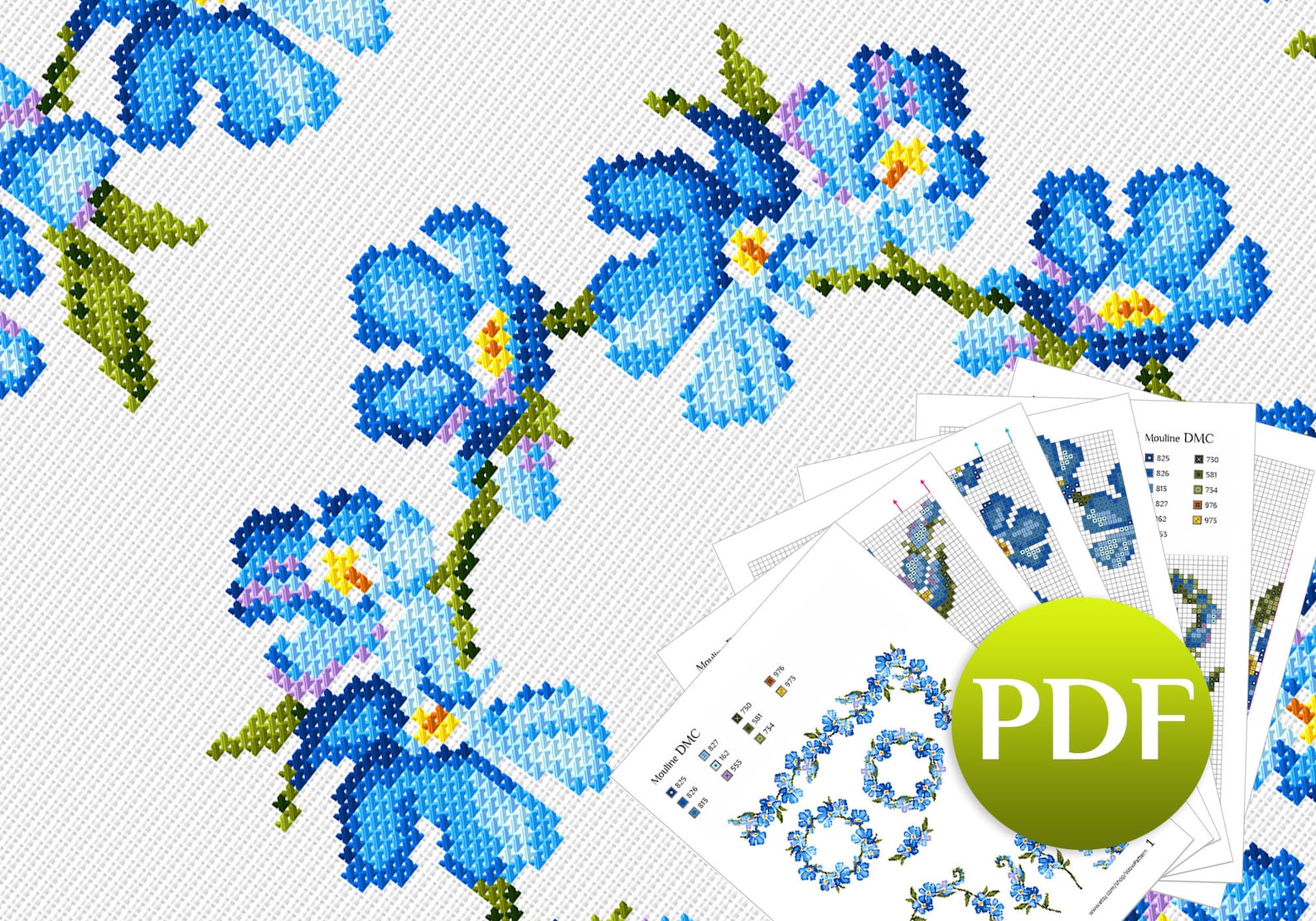 Forget Me Not Cross Stitch Pattern Set: Wreath & Borders X-stitch (PDF ...