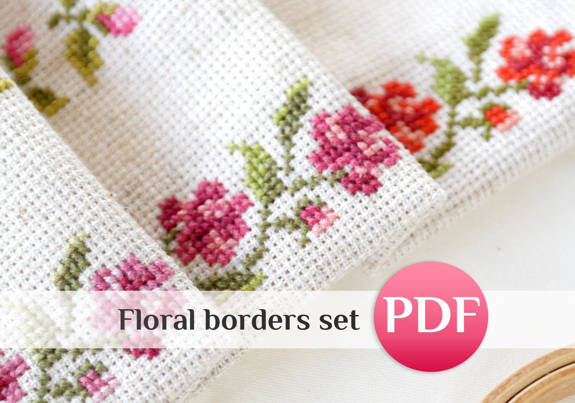 Rose Cross Stitch Pattern: Easy Floral Border Set, 3 Color Palette (PDF ...