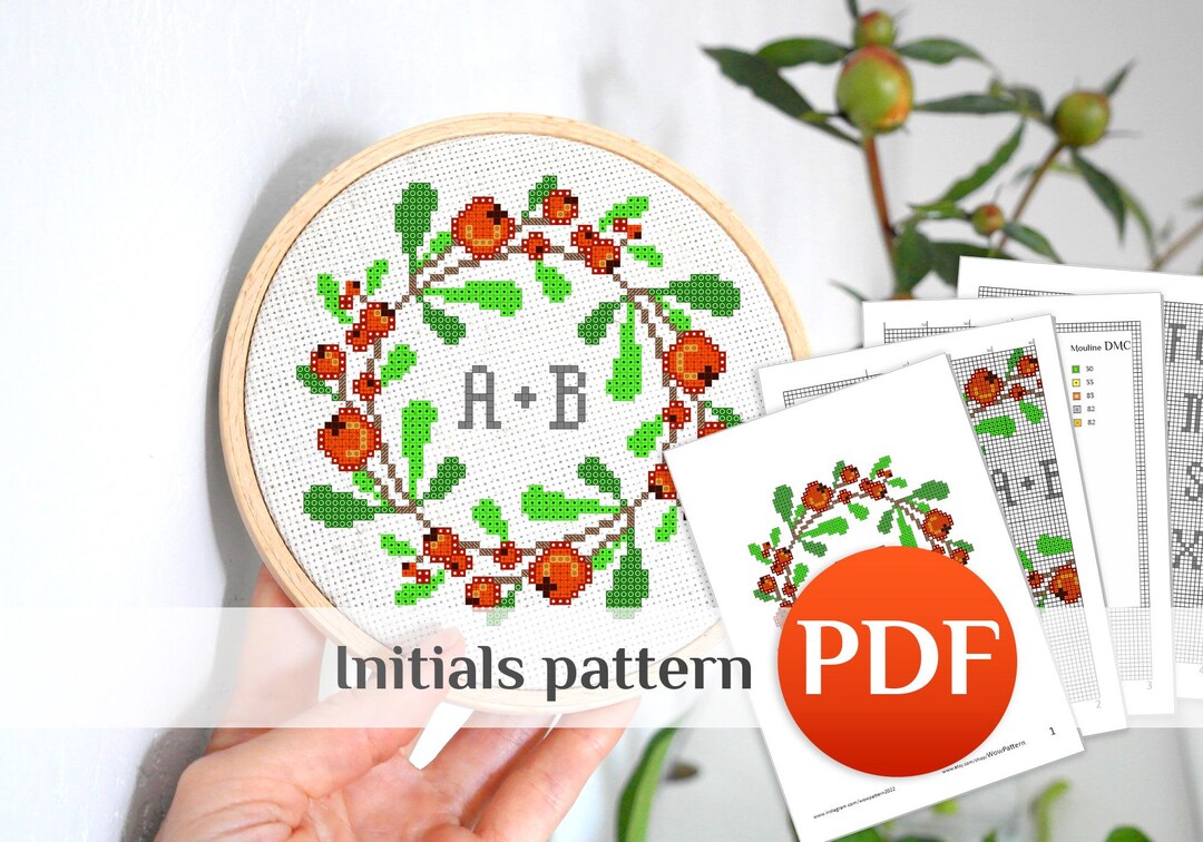 Romantic Initial Cross Stitch Pattern PDF: Red Berry Wreath Easy ...