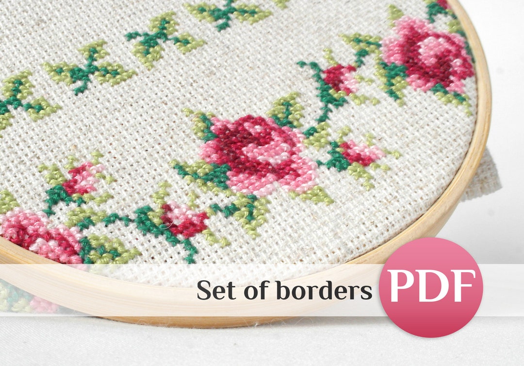 Rose Cross Stitch Border Set Pattern: Floral Embroidery Botanical Pink ...