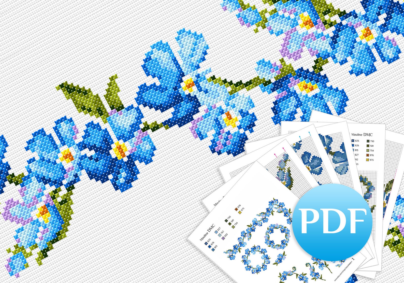 Forget Me Not Cross Stitch Pattern Set: Wreath & Borders X-stitch (PDF ...