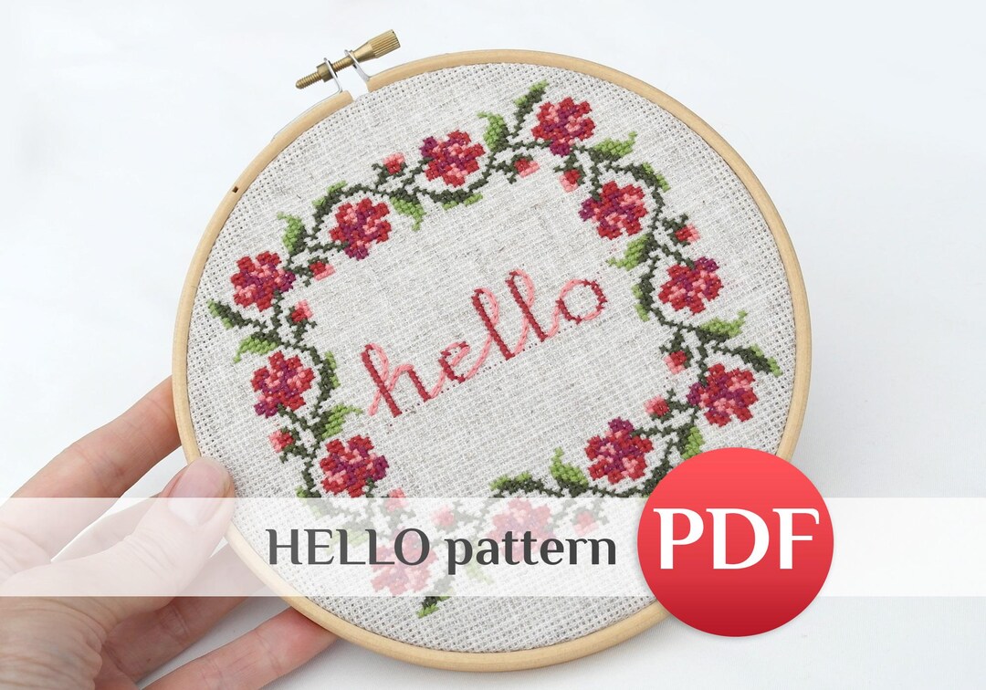 Hello Cross Stitch Pattern PDF: Floral Wreath Ornament Easy Mini Rose ...