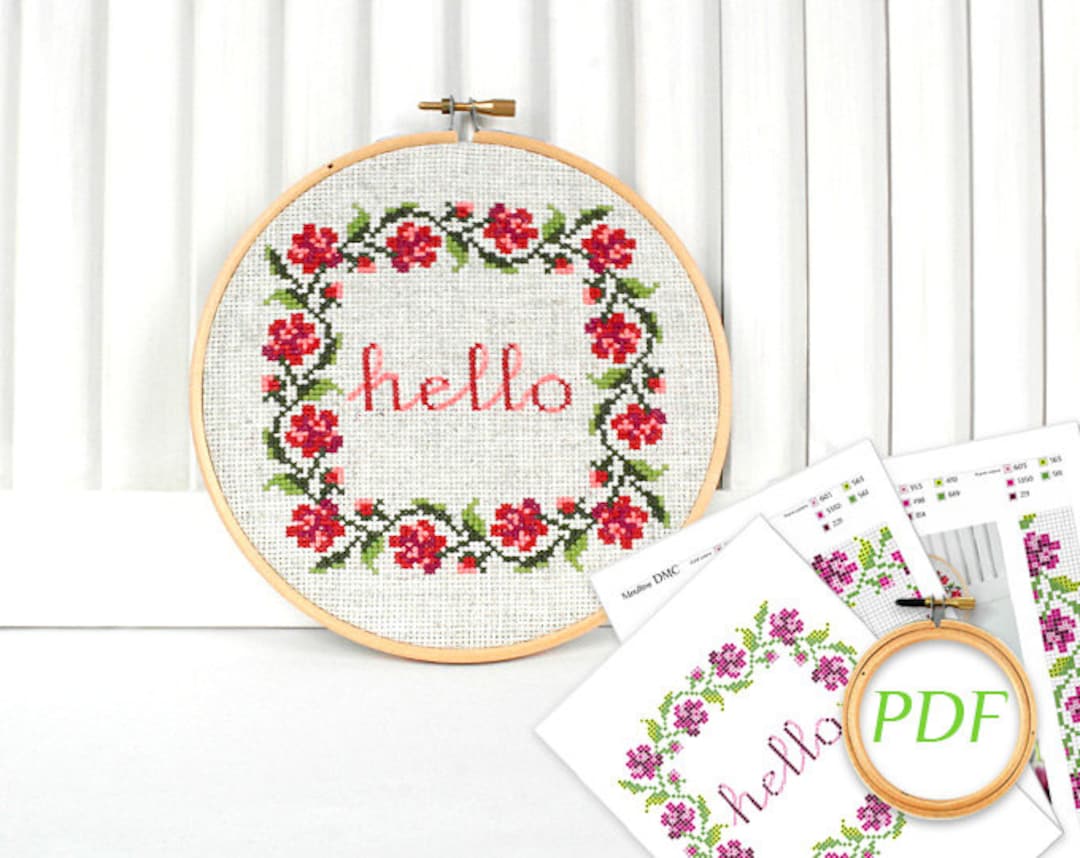 Hello Cross Stitch Pattern Rose Wreath Cross Stitch Ornament PDF Pink ...