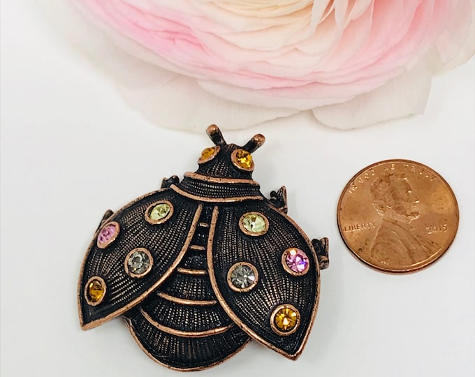 Vintage Copper Tone Beetle Insect Wings BROOCH PIN Multicolor Crystals ...