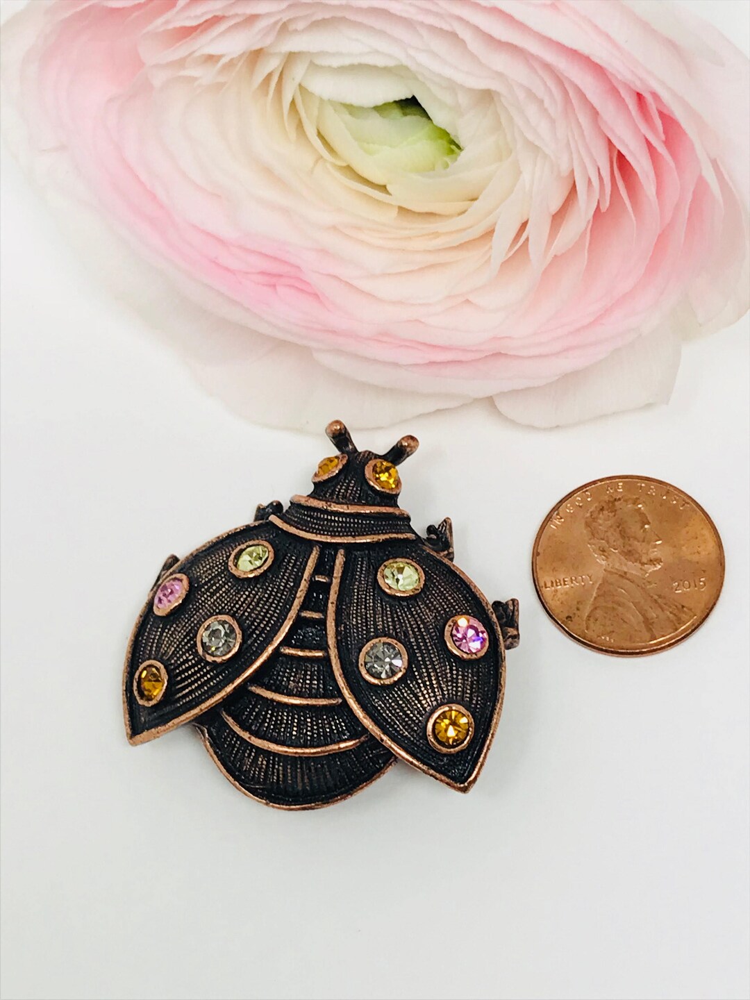 Vintage Copper Tone Beetle Insect Wings BROOCH PIN Multicolor Crystals ...