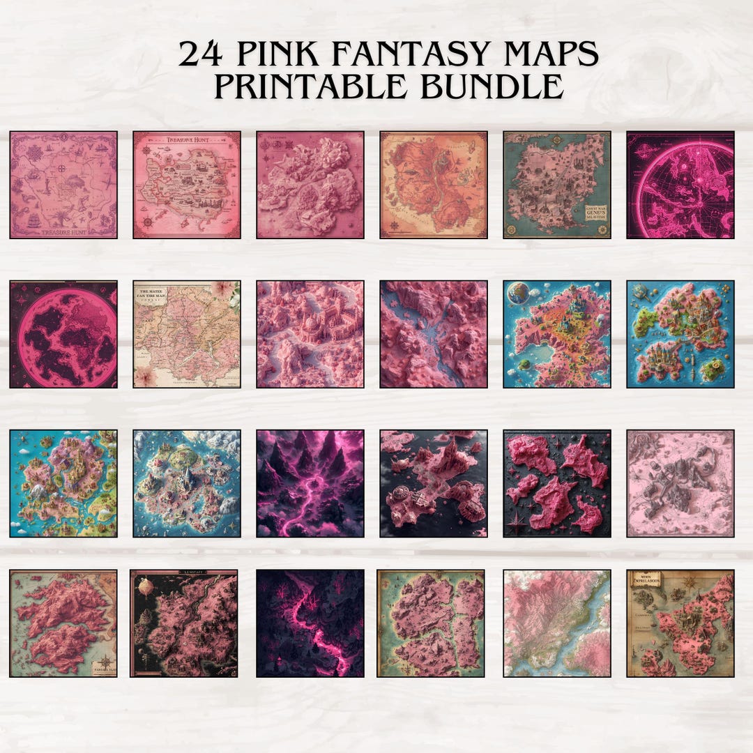 24 Pink Fantasy Maps • Printable Bundle • Vintage, 3D & Satellite Style ...