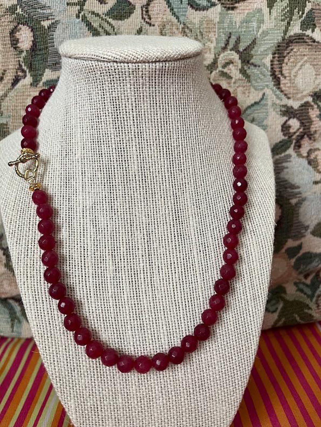 Handmade Ruby Colored Jade Faceted Necklace, Silver Toggle Clasp, 19 ...