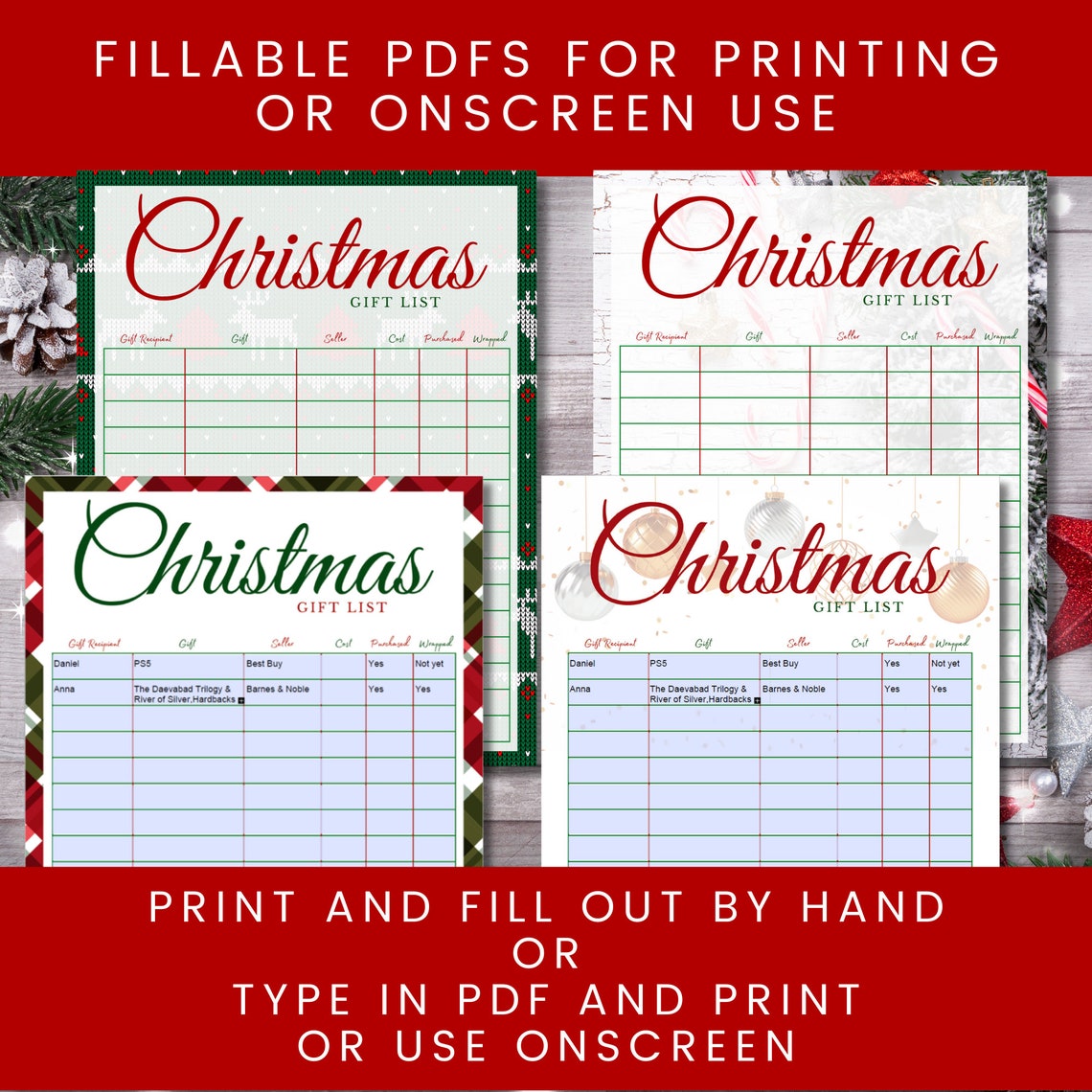 12 Printable / Editable / Fillable Christmas Gift Lists and - Etsy