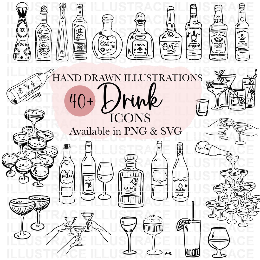 40+ Liquor Bottle and Drink Icon Clipart Bundle, Hand Drawn Illustrations Icons for Wedding ...
