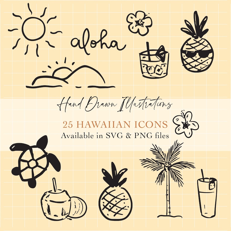25+ Whimsical Hawaii Icon Clipart Bundle, Hand Drawn Illustrations ...