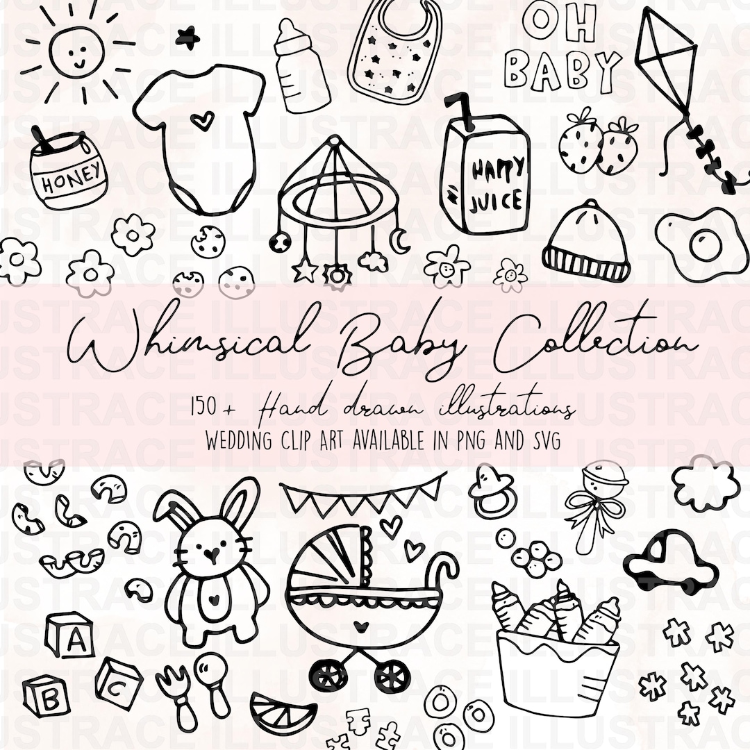 150+ Whimsical Baby Clipart Bundle, Hand Drawn Illustrations Icons for ...