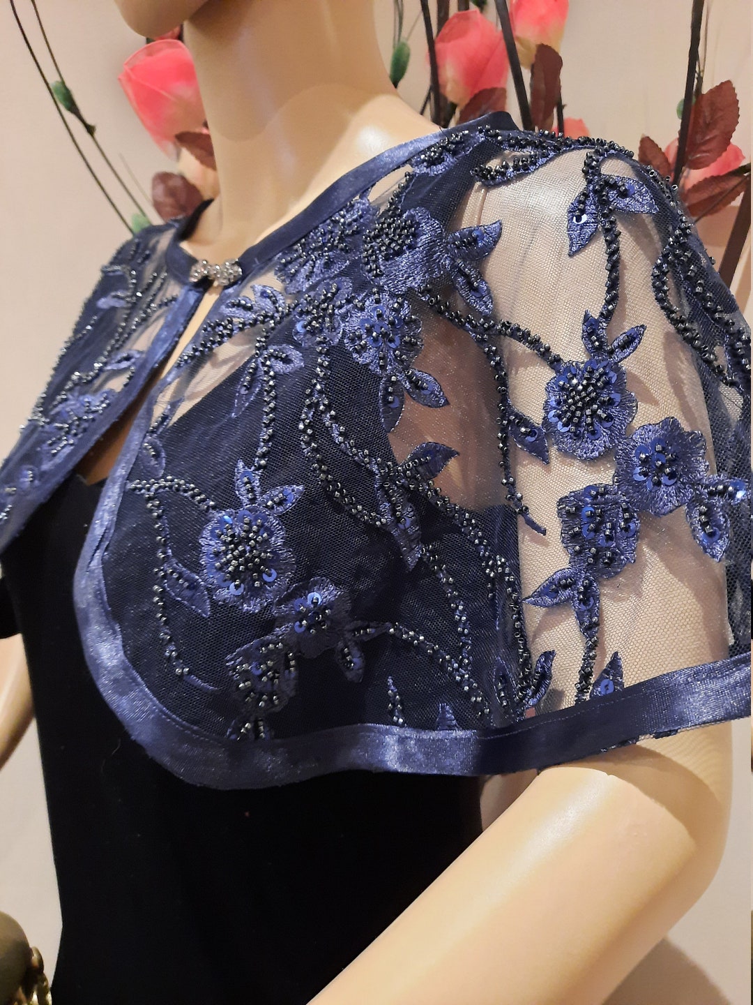 Gorgeous Navy Blue Beaded Lace Capelet, Formal Capelets, Shawl ...