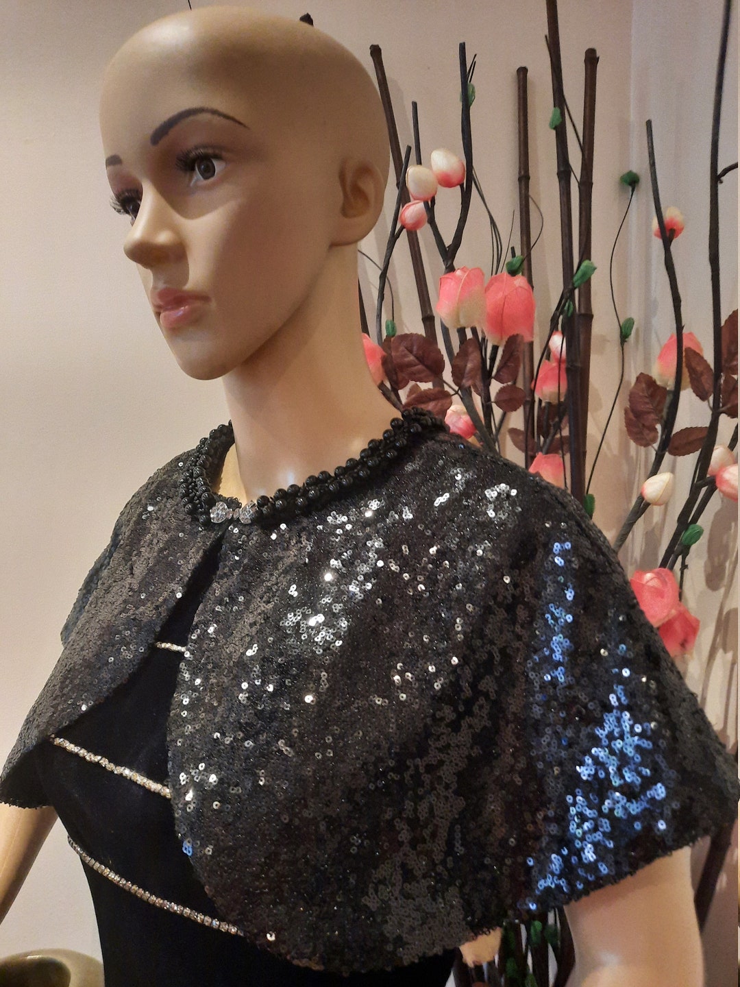 Beautiful Black Sequin Capelet, Formal Capelets, Shawl, Shoulder Shrug, Bolero, Capes, Bridal ...
