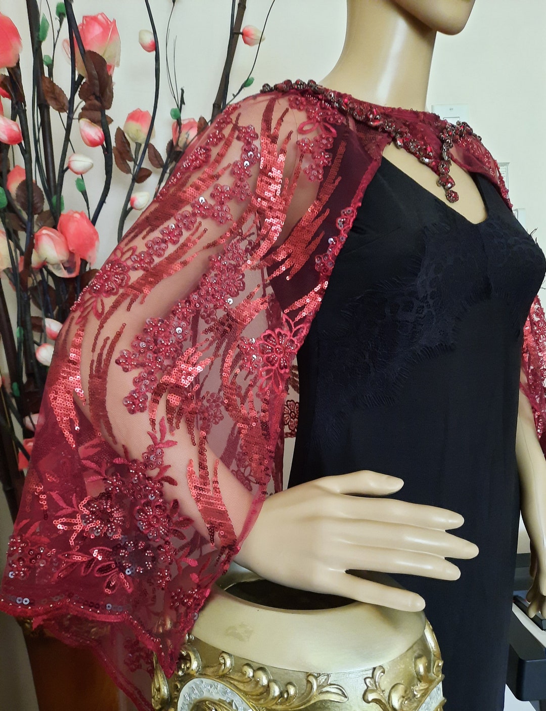 Gorgeous Beaded Burgundy Cape With Sequins, Beaded Sequin Capelet, Formal Capelets, Shawl ...