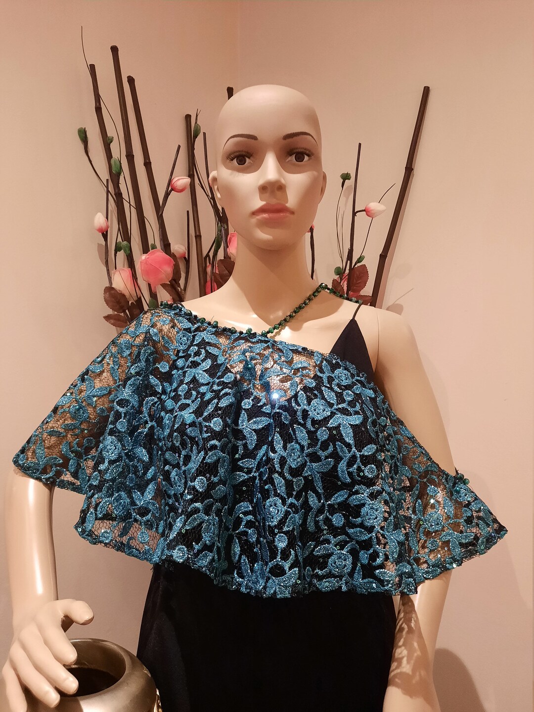 Blue Green Guipure Lace Capelet With Sequins and Glass Beads, Formal ...
