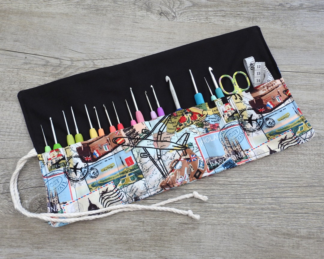Crochet Hook Roll, Travel Map Design Fabric, Handmade, 10 Pockets ...