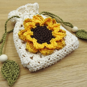 Boho Sunflower Drawstring Pouch, Double-layered Flower Granny Square ...