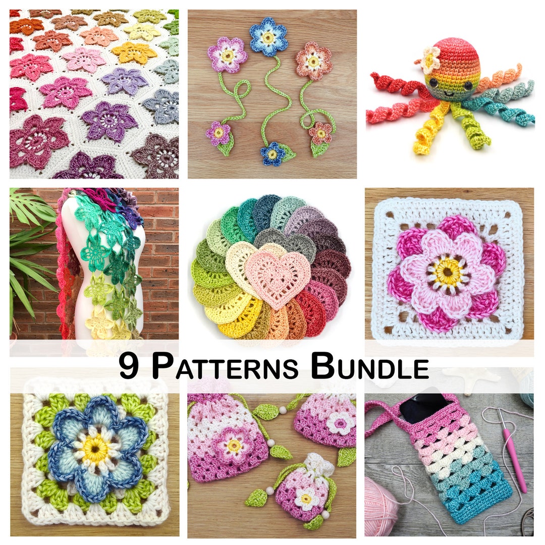9 Crochet Pattern Bundle, PDF Patterns, Flower Bookmark, Love Heart ...