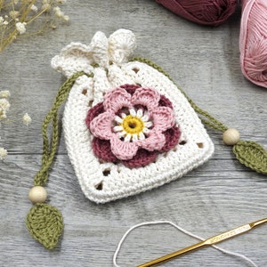 Boho Flower Drawstring Pouch, Double-layered Flower Granny Square ...