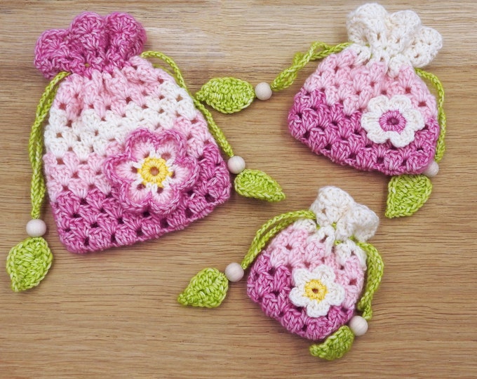Crochet Flower Drawstring Pouch Pattern, Floral Keepsake Bag, Reusable ...