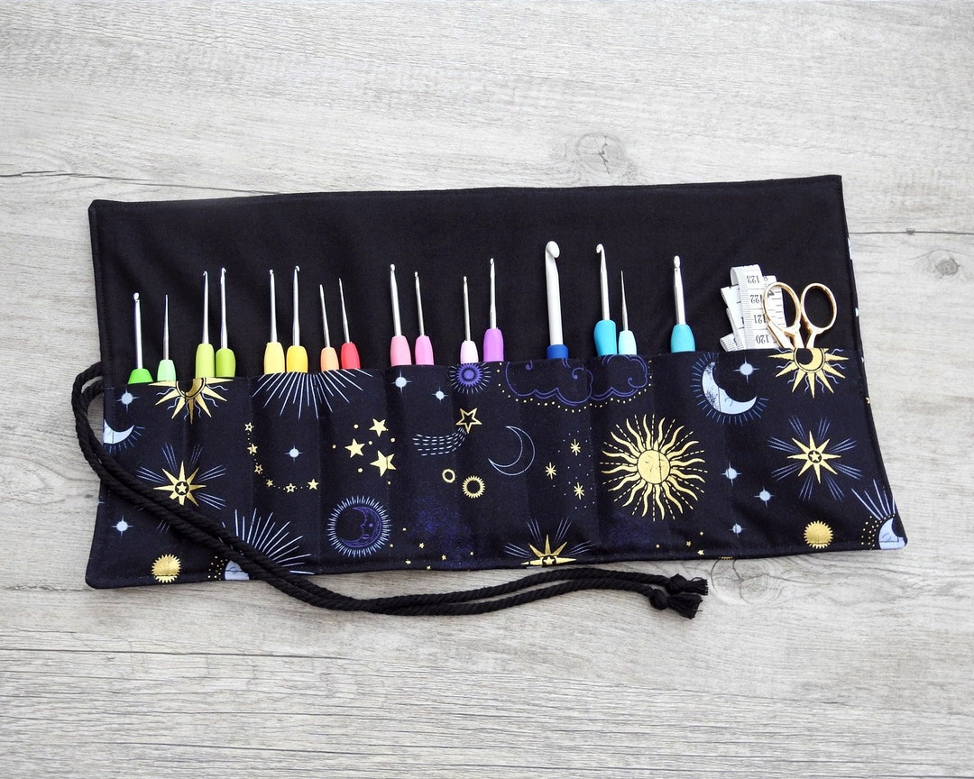 Crochet Hook Roll, Dark Celestial Sun and Moon Fabric, Handmade, 10 ...