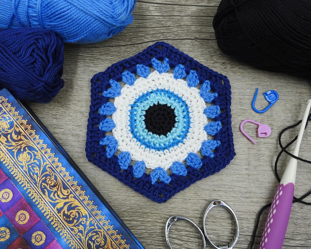 Evil Eye Hexagon Crochet Pattern, Hexagonal Granny Square Patterns, Eye ...