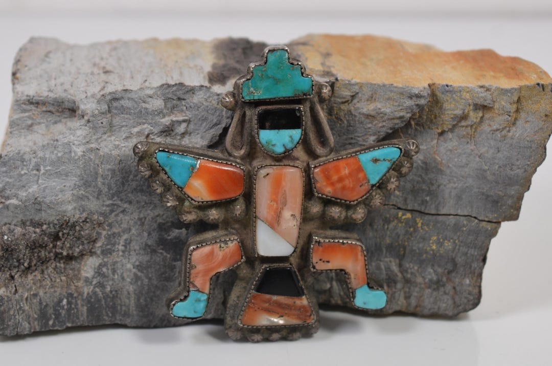 Vintage Zuni Thunderbird Inlay Brooch, Sterling Silver, Turquoise Coral ...