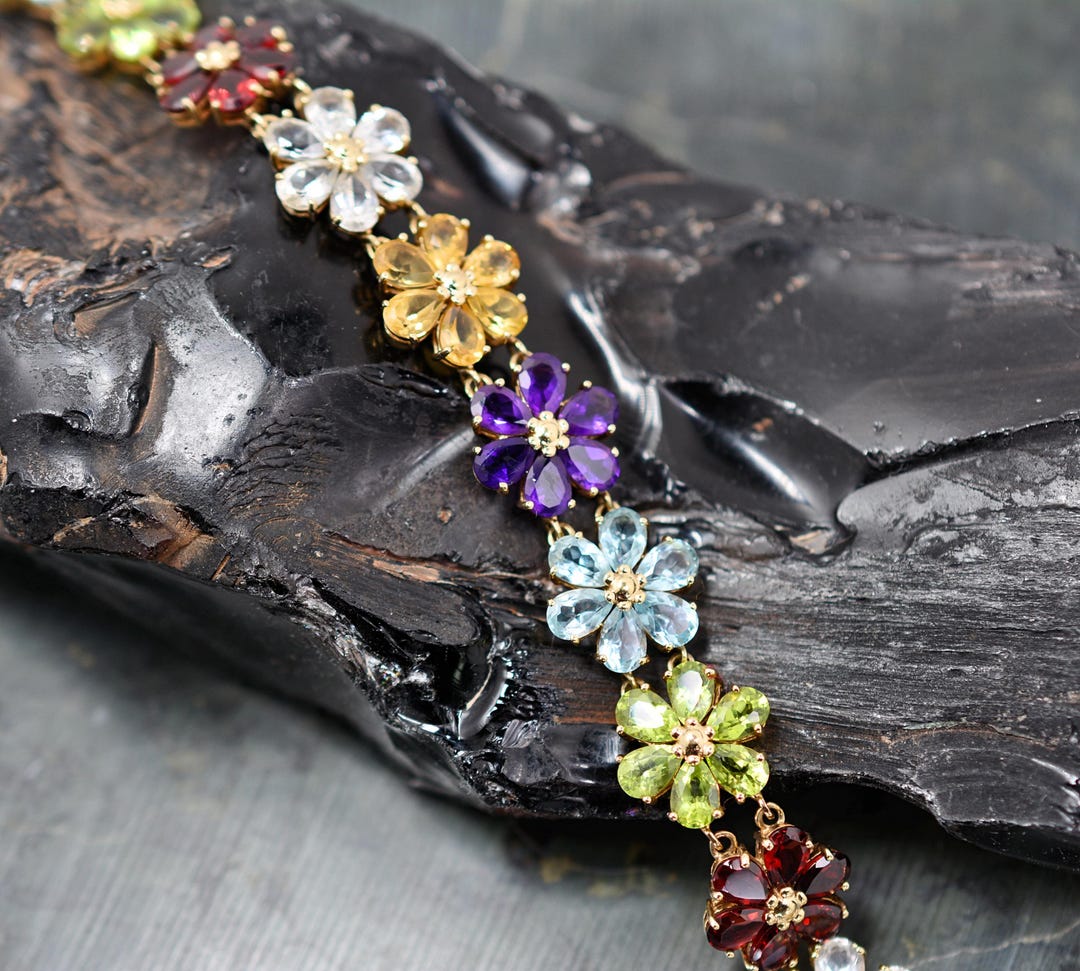 14k Gold Multi-gemstone Floral Bracelet: Blue Topaz, Citrine, Garnet - Etsy