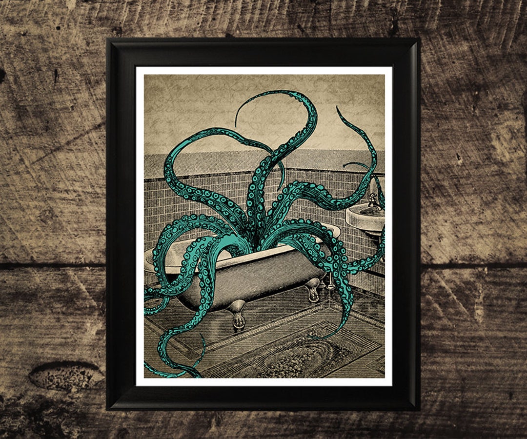 Octopus Art Print, Octopus in the Bath, Printable Octopus, Bath Decor ...