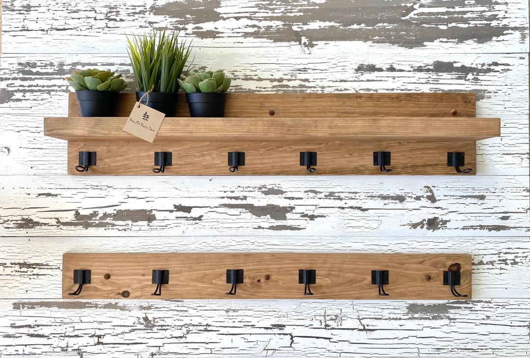 2 Piece - Easy Install - Rustic Farmhouse Coat Hook Rack With Shelf ...