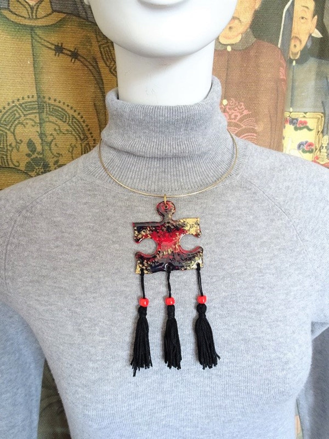 Upcycling Jewelry. Zero Waste. Cardboard Puzzle Pendant, Red, Black and ...