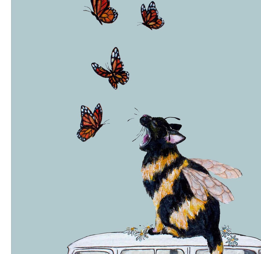 Funny Cat Print, Screaming Bumble Bee Cat, Animal Wall Art, Retro Decor ...