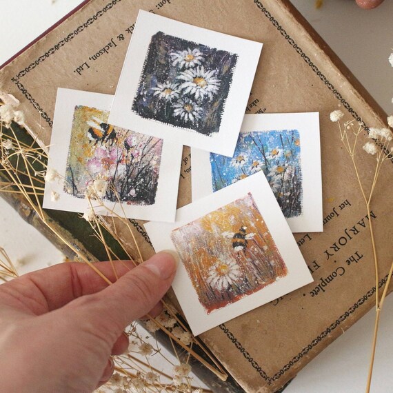 Miniature prints set of 6 bee and daisy art Art & Collectibles Painting Acrylic etna.com.pe
