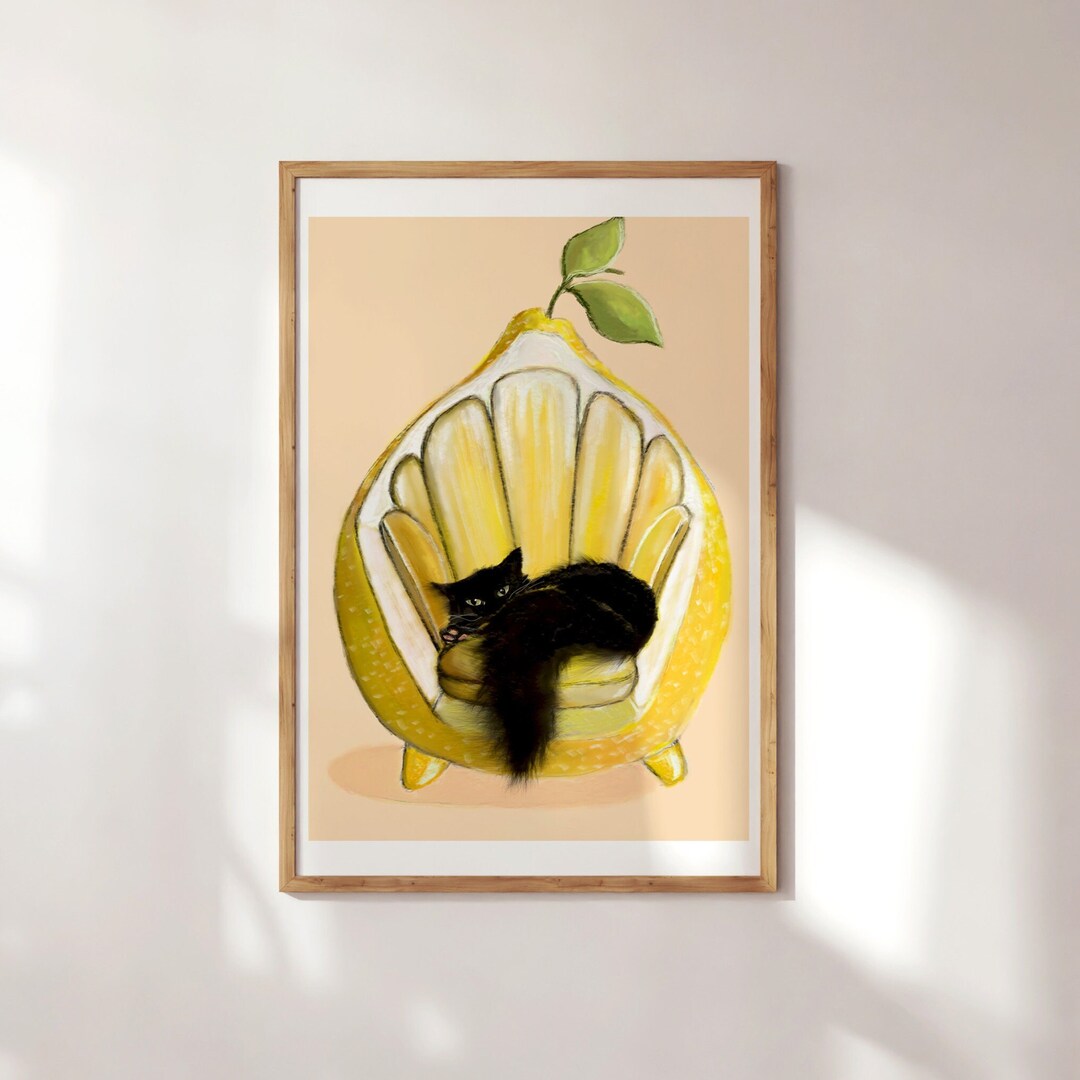 Cat Art, Black Cat Print, Lemon Kitten, Fluffy Kitty, Cat Lover Gift ...