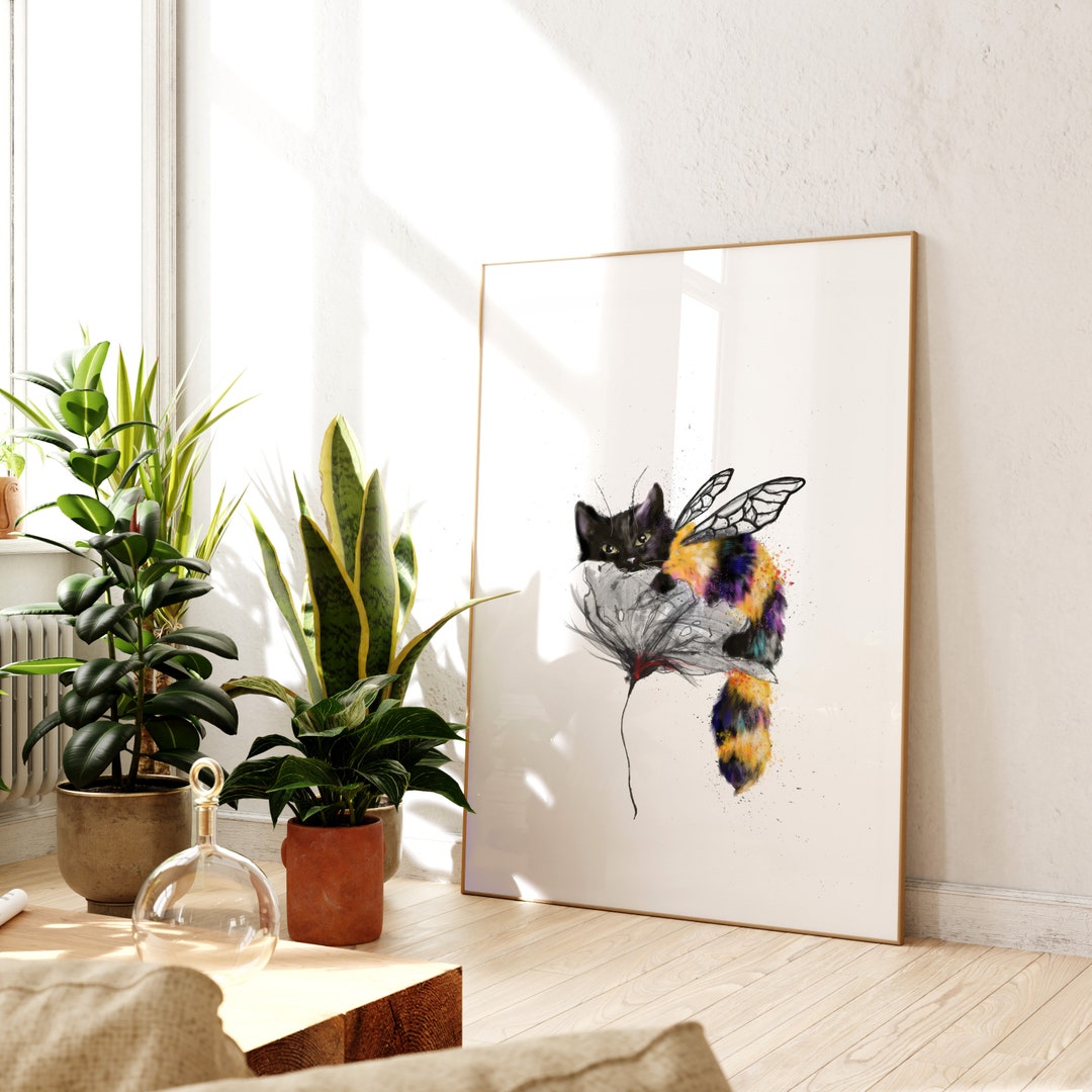 Cat Art, Bumble Bee Cat, Funny Cat, Wall Art, Black Kitten, Bumble Cat ...