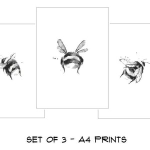 Bumble Bee Trio Art Print, Monochrome Art, Bee Giclee Print, Black and ...