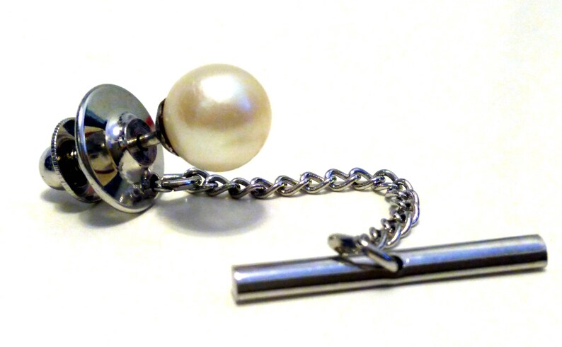 White Cultured Pearl Necktie Tie Pin Tack Silver Overtone 1970's ...