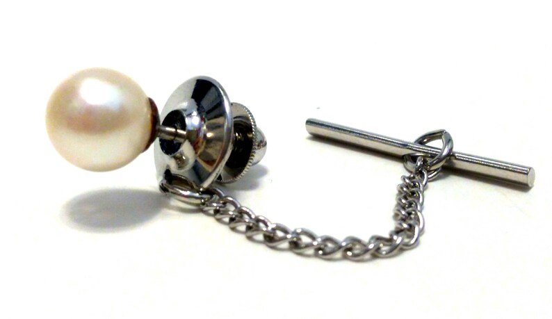 White Cultured Pearl Necktie Tie Pin Tack Silver Overtone 1970's ...